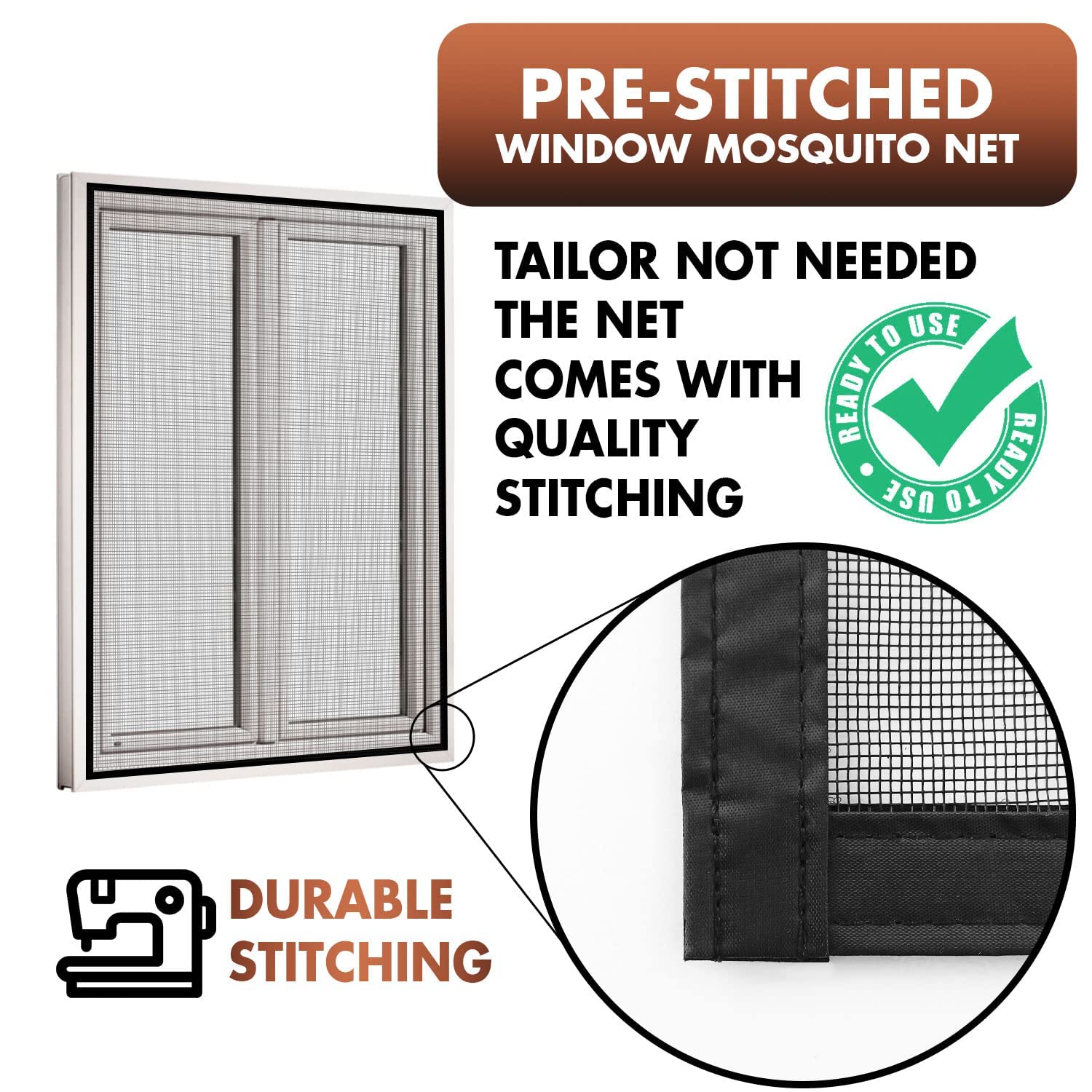 TurtleGrip Readymade Polyester Pre-Stitched Window Mosquito Net for Al